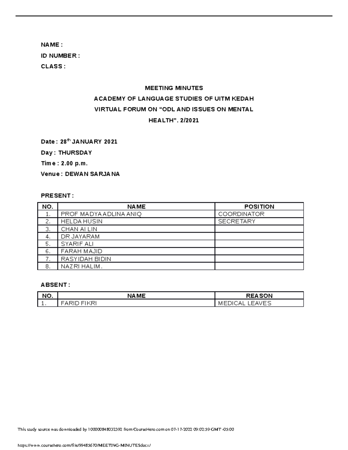 Sample MOM 2 Academy of Language Studies - NAME : ID NUMBER : CLASS ...