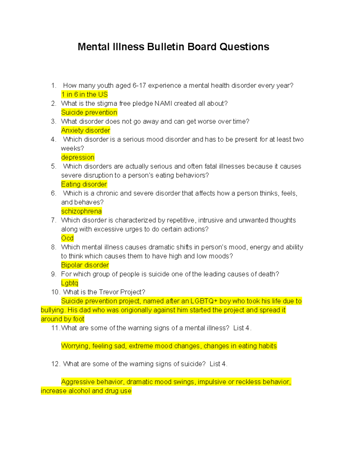 Copy of Copy of Mental Illness Bulletin Board questions - Mental ...
