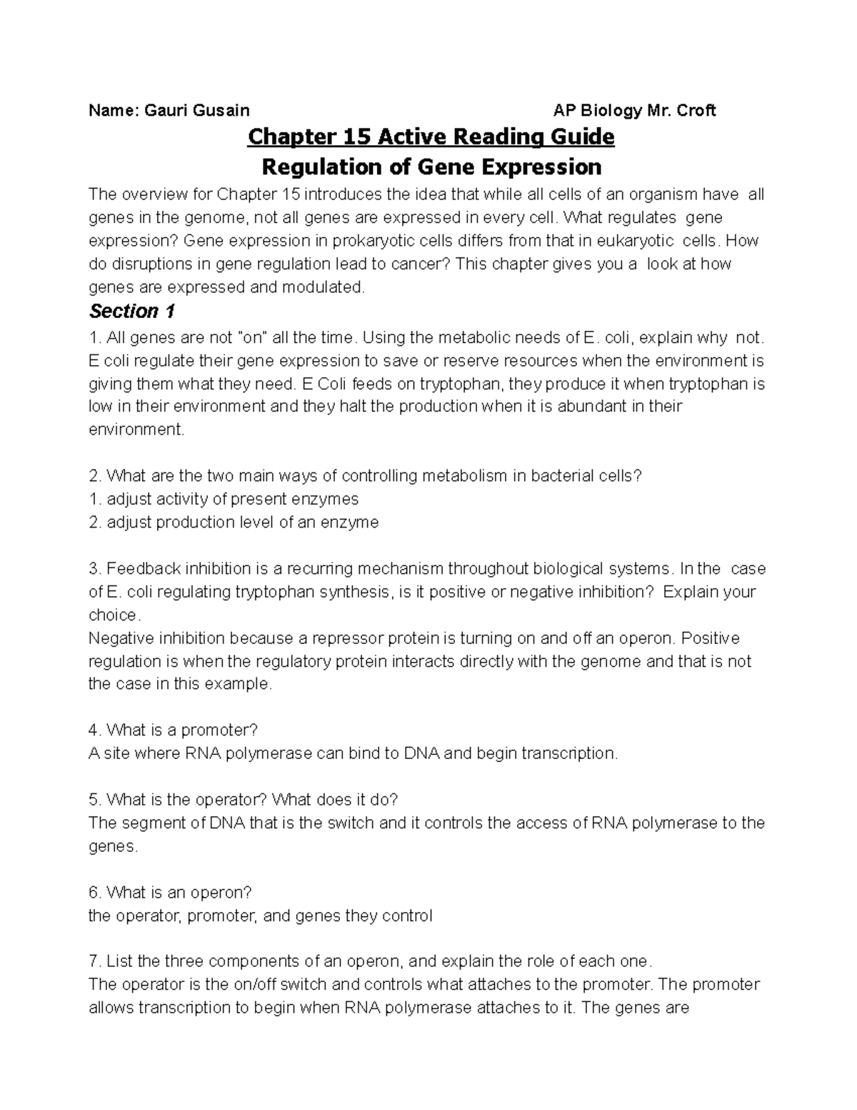 Chapter 15 Active Reading Guide - Name: Gauri Gusain AP Biology Mr ...