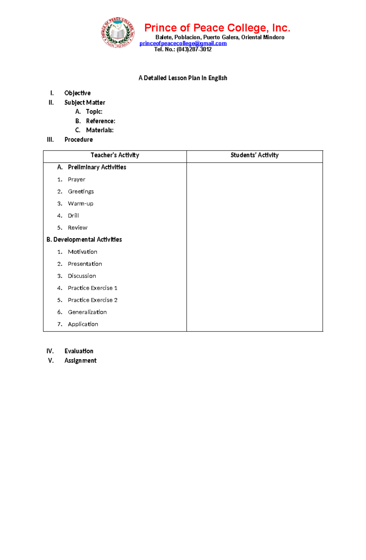 LP Format-Traditional - Prince of Peace College, Inc. Balete, Poblacion ...