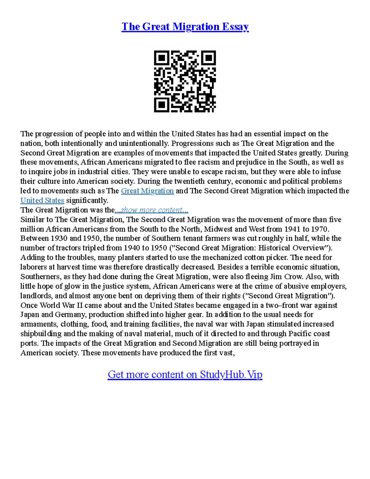 Great American Essays - The Great Migration Essay The progression of ...