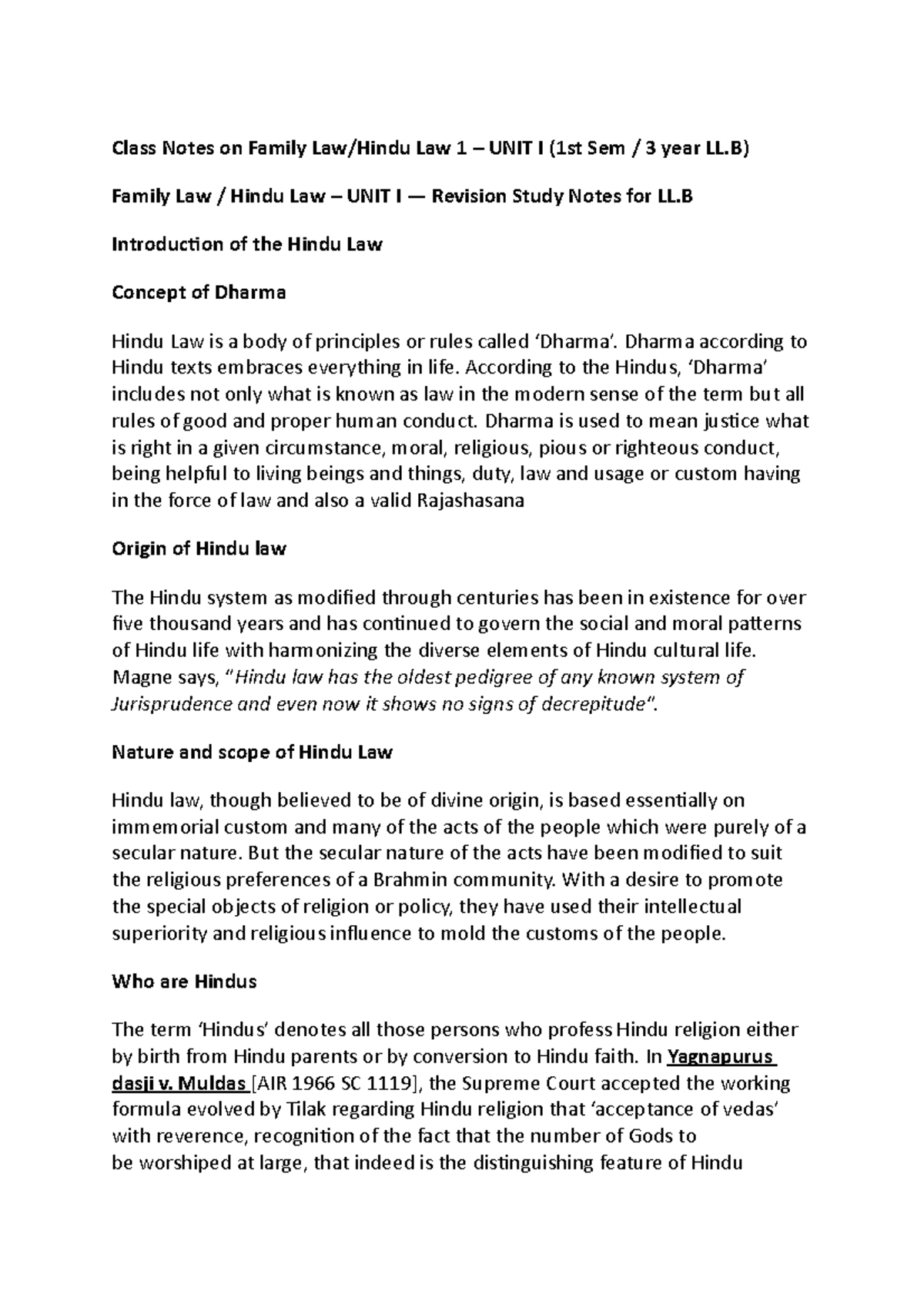 LLB Notes- Family Law -1 (Hindu Law) - Class Notes on Family Law 1 UNIT ...