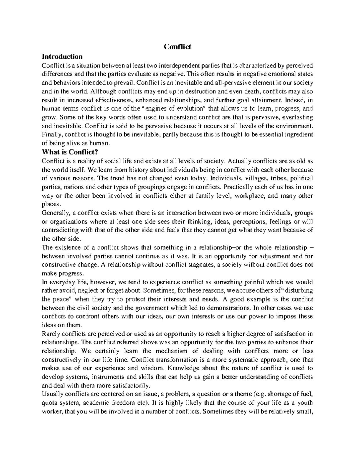 Conflict Resolution - Lecture notes 1 - Conflict Introduction Conflict ...