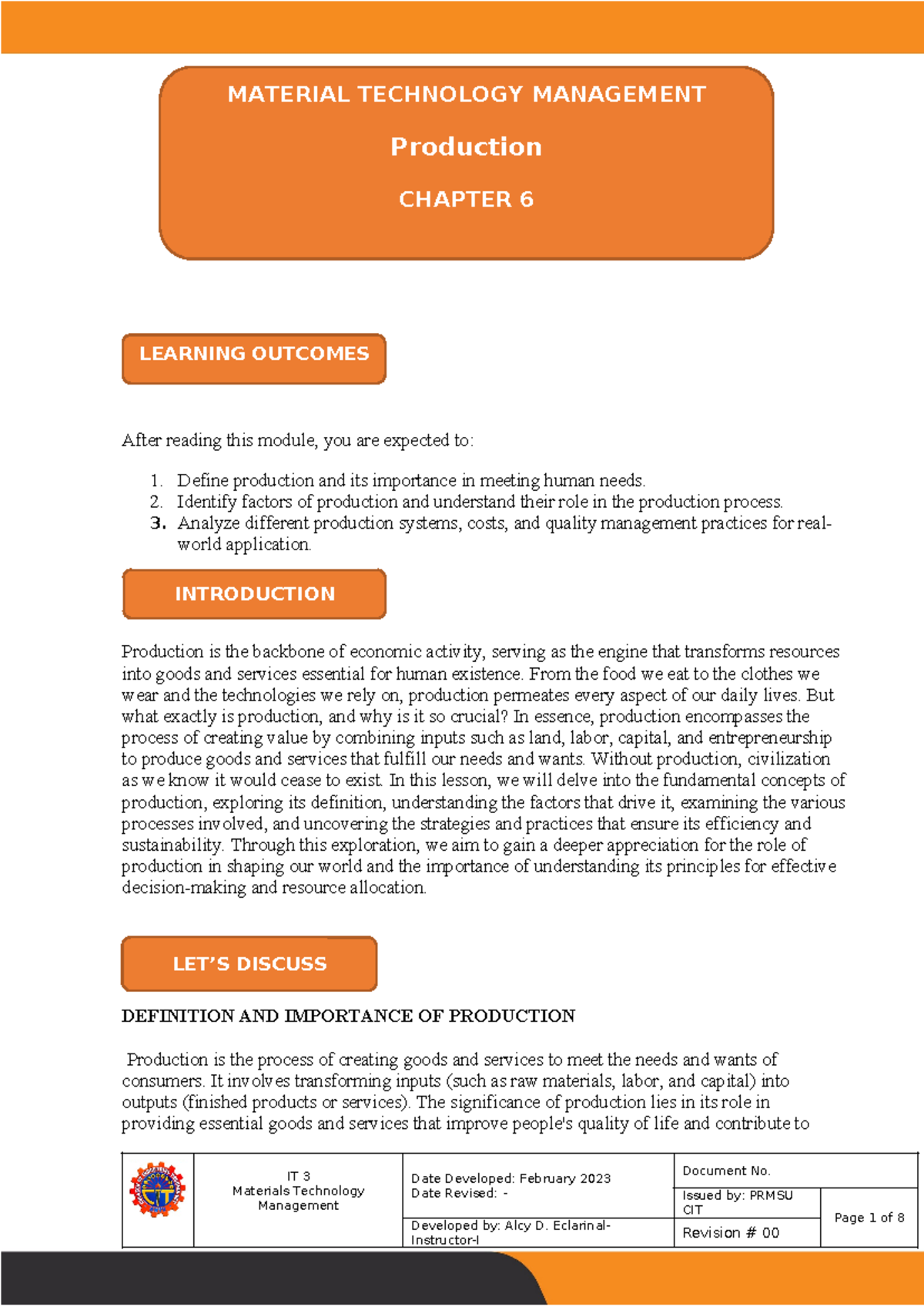 Module 6 Material Technology Management - After reading this module ...