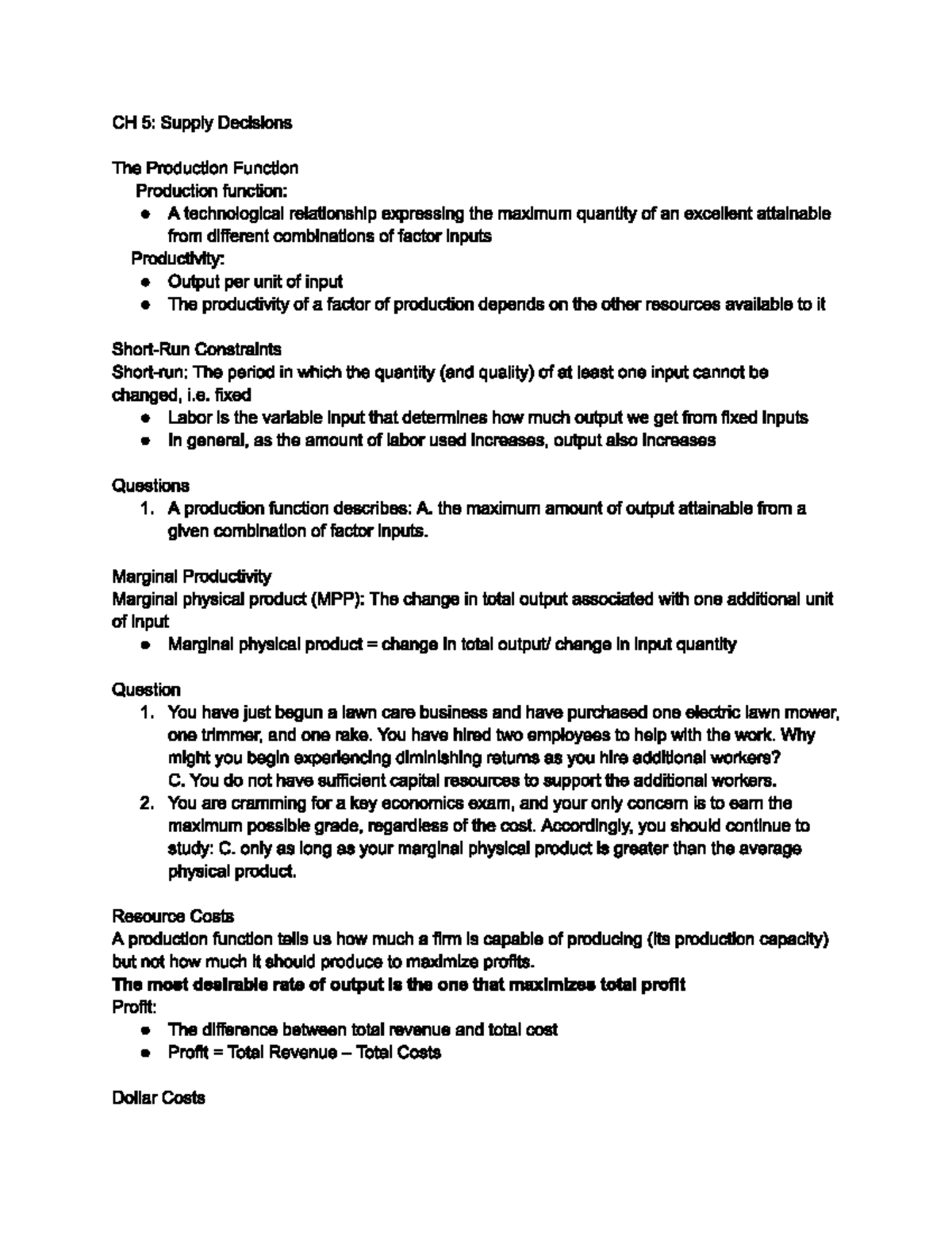 Econ CH 5 - Supply decisions - ECON 224 - Studocu