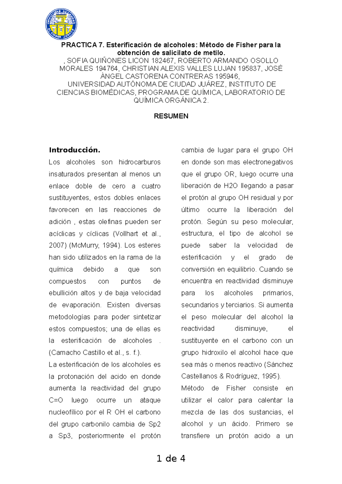 Practica 7 Esterificacion De Alcoholes Practica 7 Esterificación De Alcoholes Método De