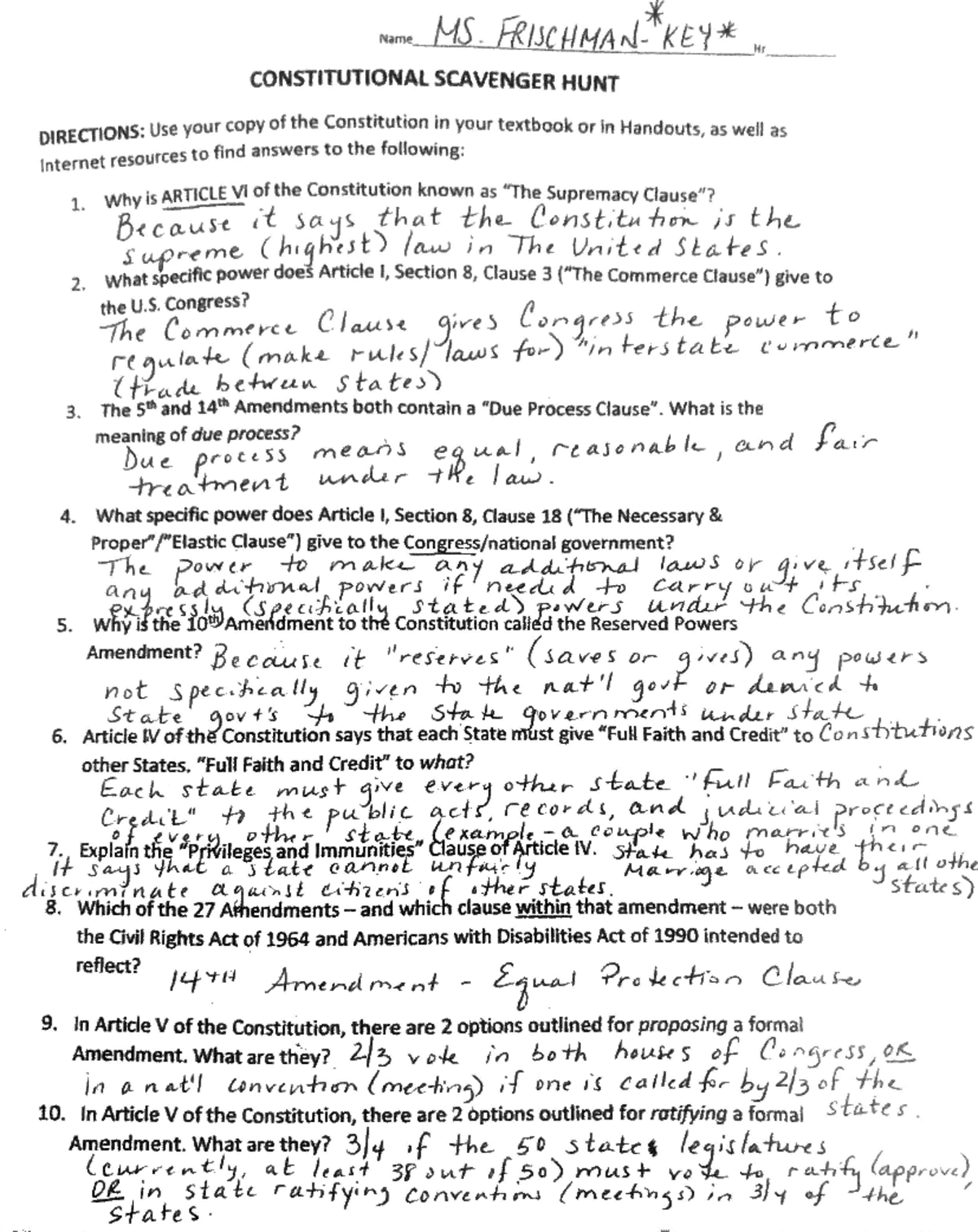 Govt Constitution Scavenger Hunt KEY - Name MS. KEY Hr CONSTITUTIONAL ...