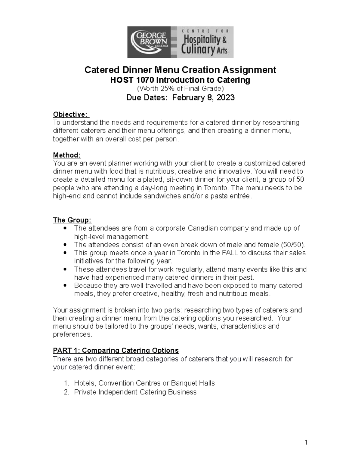 HOST 1070 Assignment #1 Catered Dinner - Catered Dinner Menu Creation ...