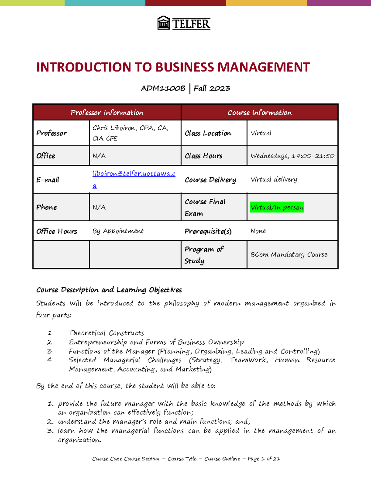 ADM1100 B-FALL-2023 - COURSE OUTLINE - INTRODUCTION TO BUSINESS ...