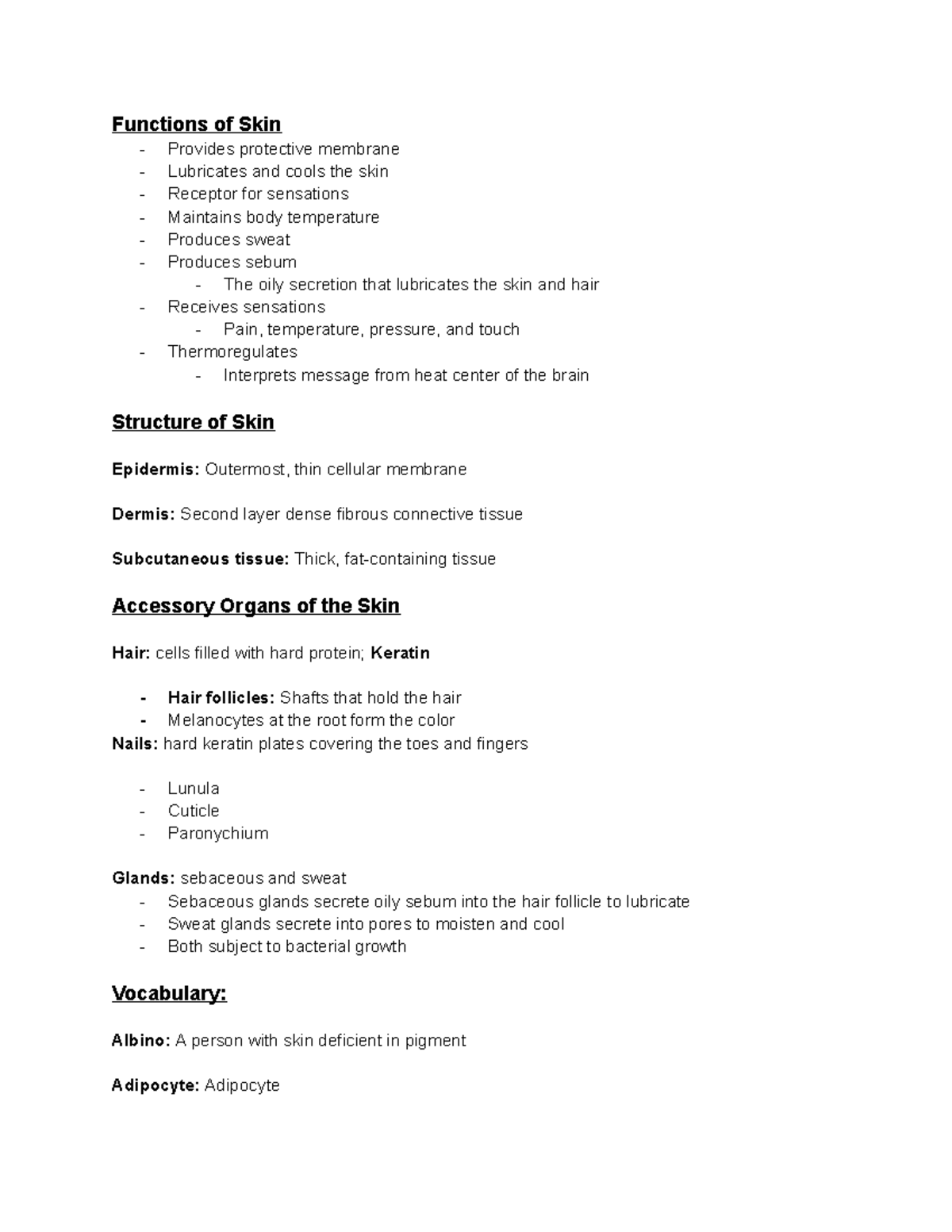 Copy of Medical terminology- Integumentary System (Skin) - Functions of ...
