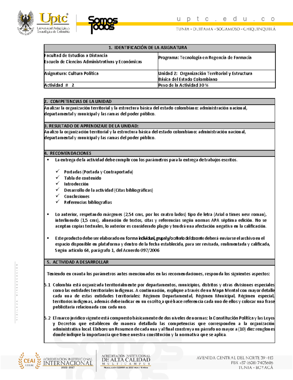 Actividad # 2 TRF Cultura Politica II 2023 - 1. IDENTIFICACIÓN DE LA ASIGNATURA Facultad de ...
