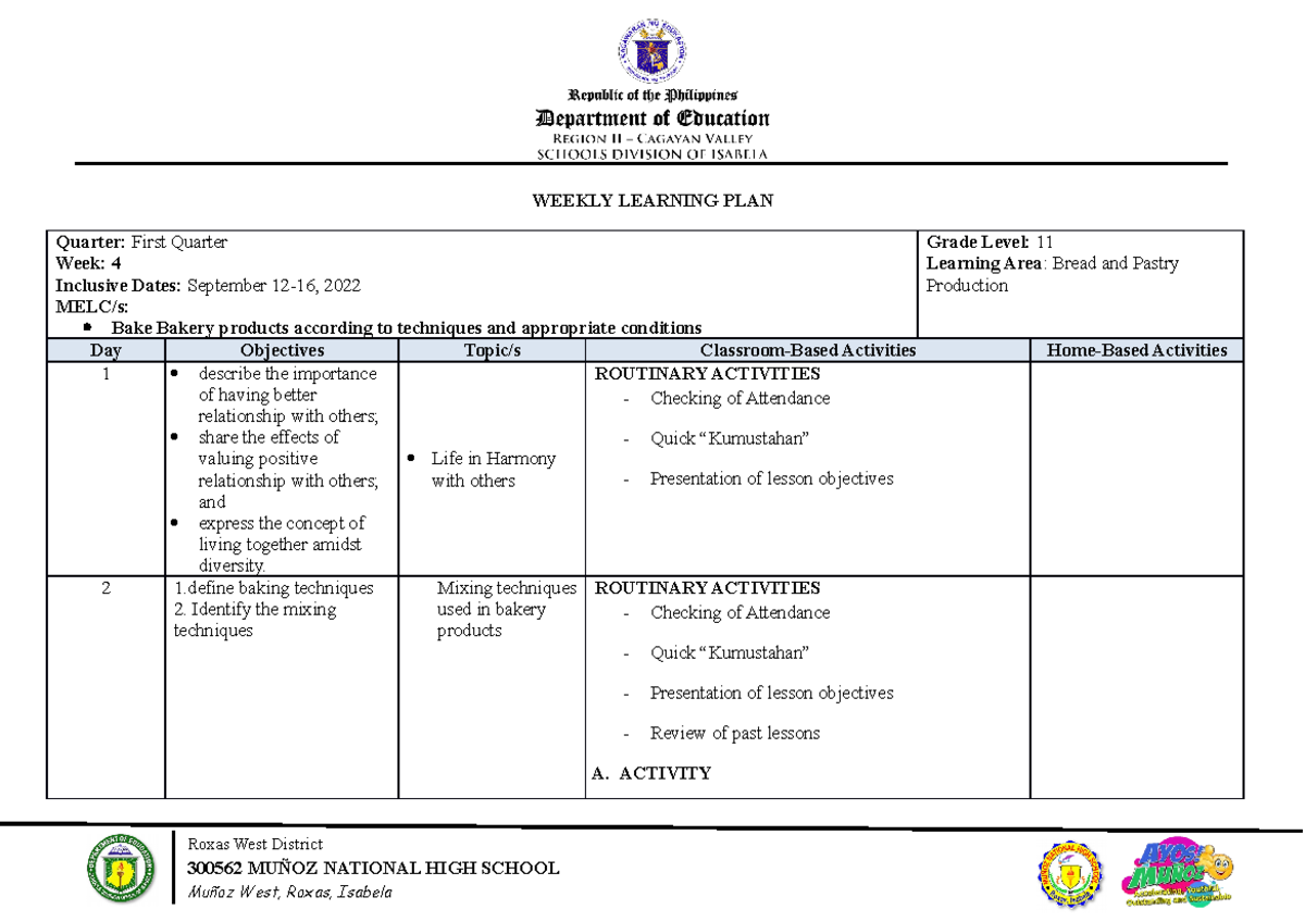 BPP WLP WEEK 4 - dll - WEEKLY LEARNING PLAN Quarter: First Quarter Week ...