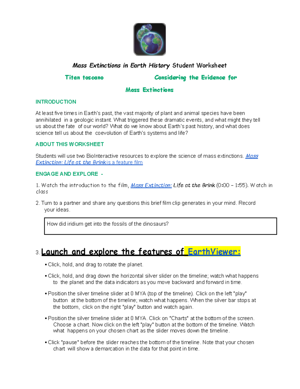 Copy of Mass-Extinction-Student-Worksheet - Mass Extinctions in Earth ...