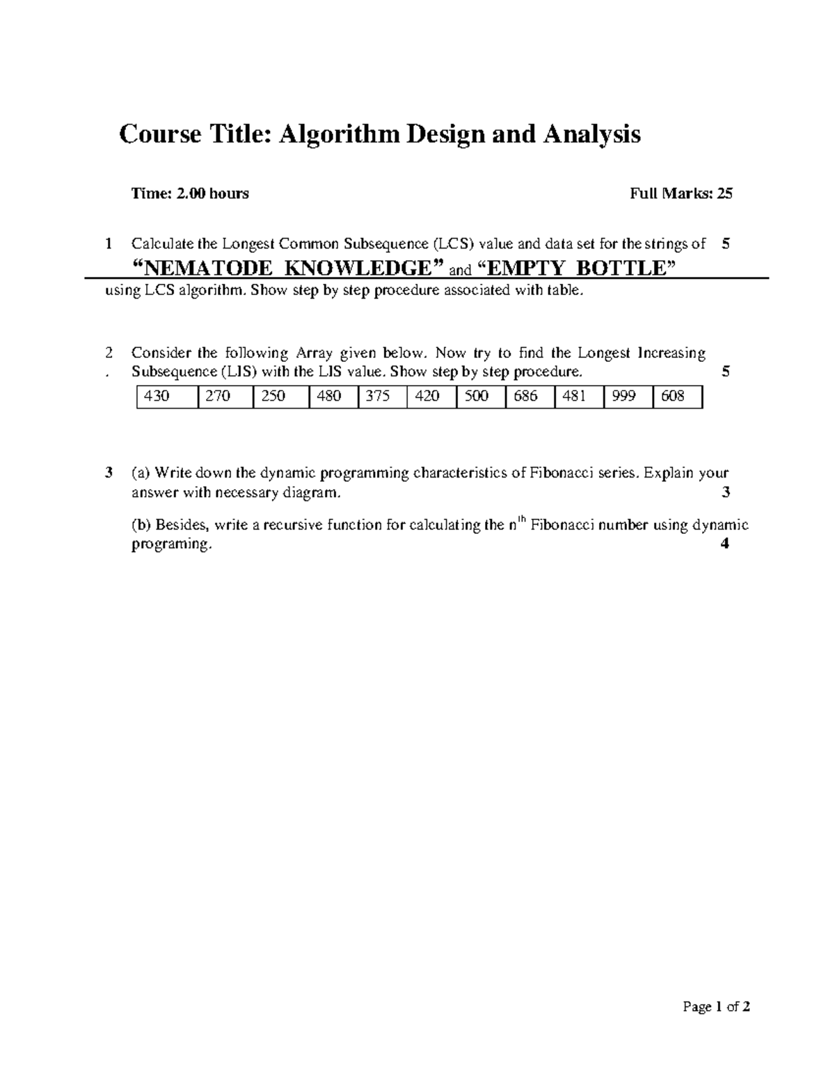Algorithm Assessment For DS - Page 1 of 2 Course Title: Algorithm ...
