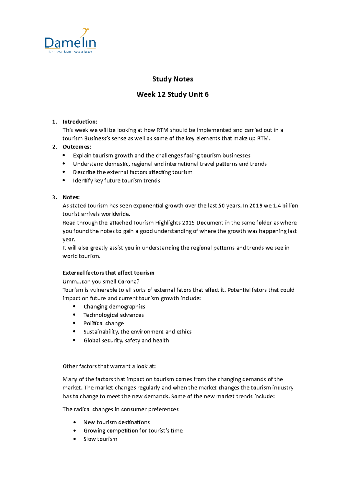 External factors affecting tourism - Study Notes Week 12 Study Unit 6 1 ...