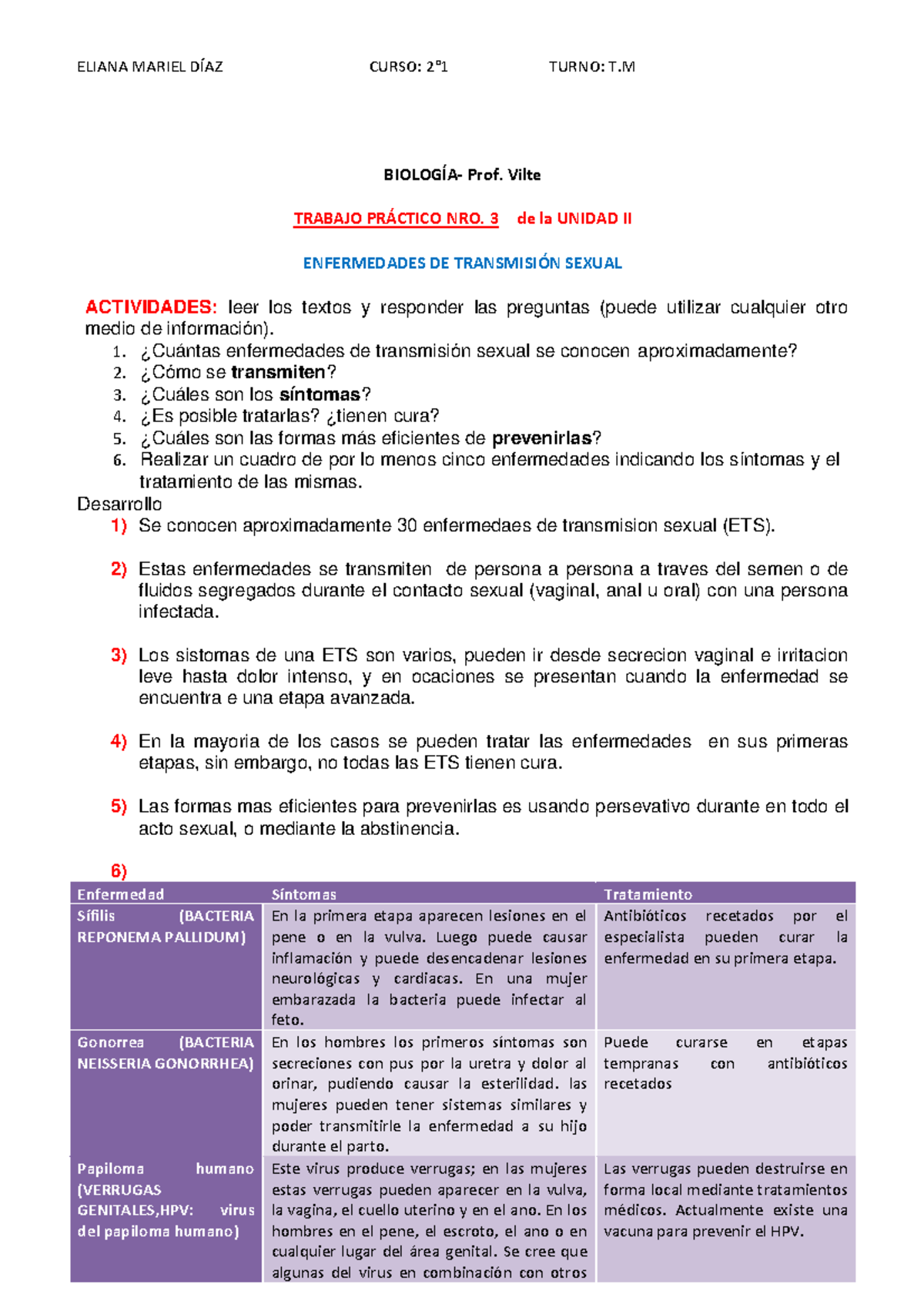 Biología 3er TP U-2 - ksjcxb - ELIANA MARIEL DÍAZ CURSO: 2°1 TURNO: T ...