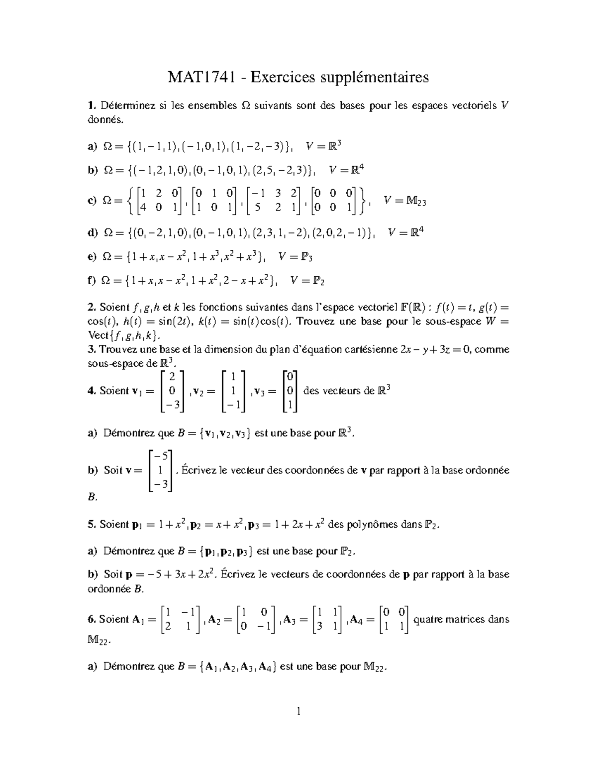 Bases et dimension - practice problems - MAT1741 - Exercices ...