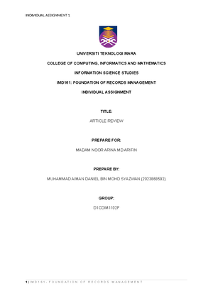 IMD161 Individual - FACULTY OF COMPUTING, INFORMATICS AND MATHEMATICS UNIVERSITI TEKNOLOGI MARA ...