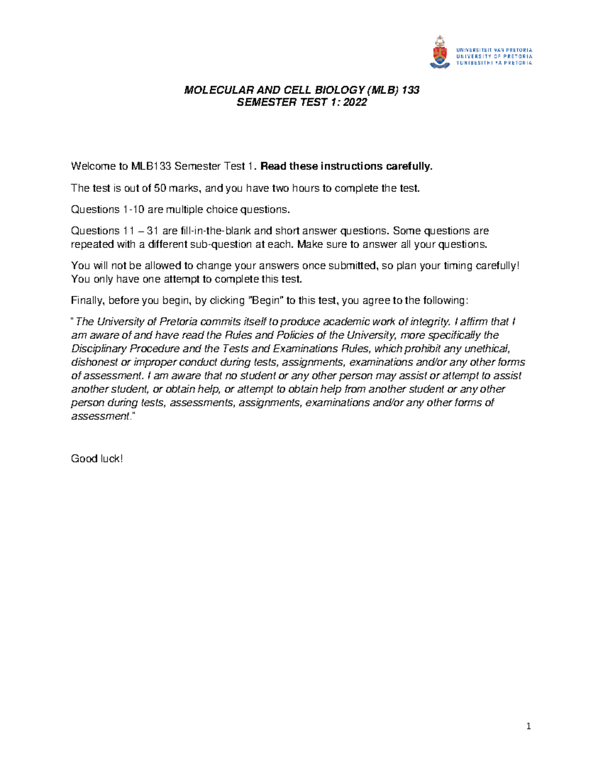 2022 MLB 133 Semester Test 1 - MOLECULAR AND CELL BIOLOGY (MLB) 133 ...