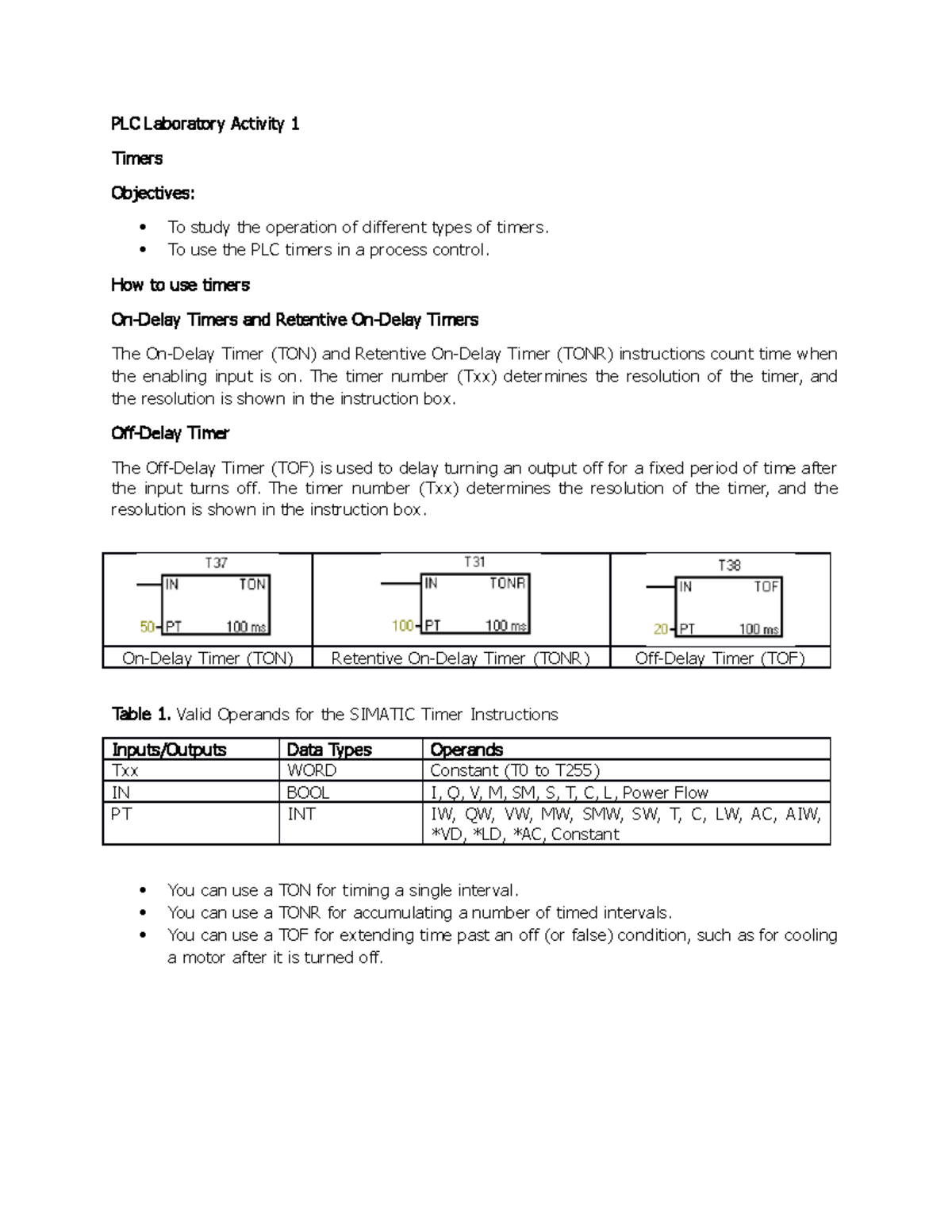 PLC Laboratory Activity 1 - To use the PLC timers in a process control ...