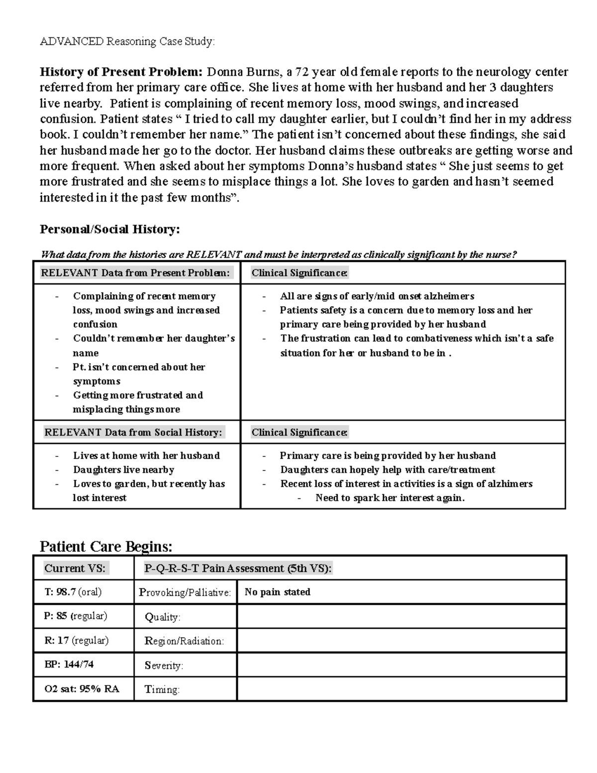 Alzheimers Case study - ADVANCED Reasoning Case Study: History of ...