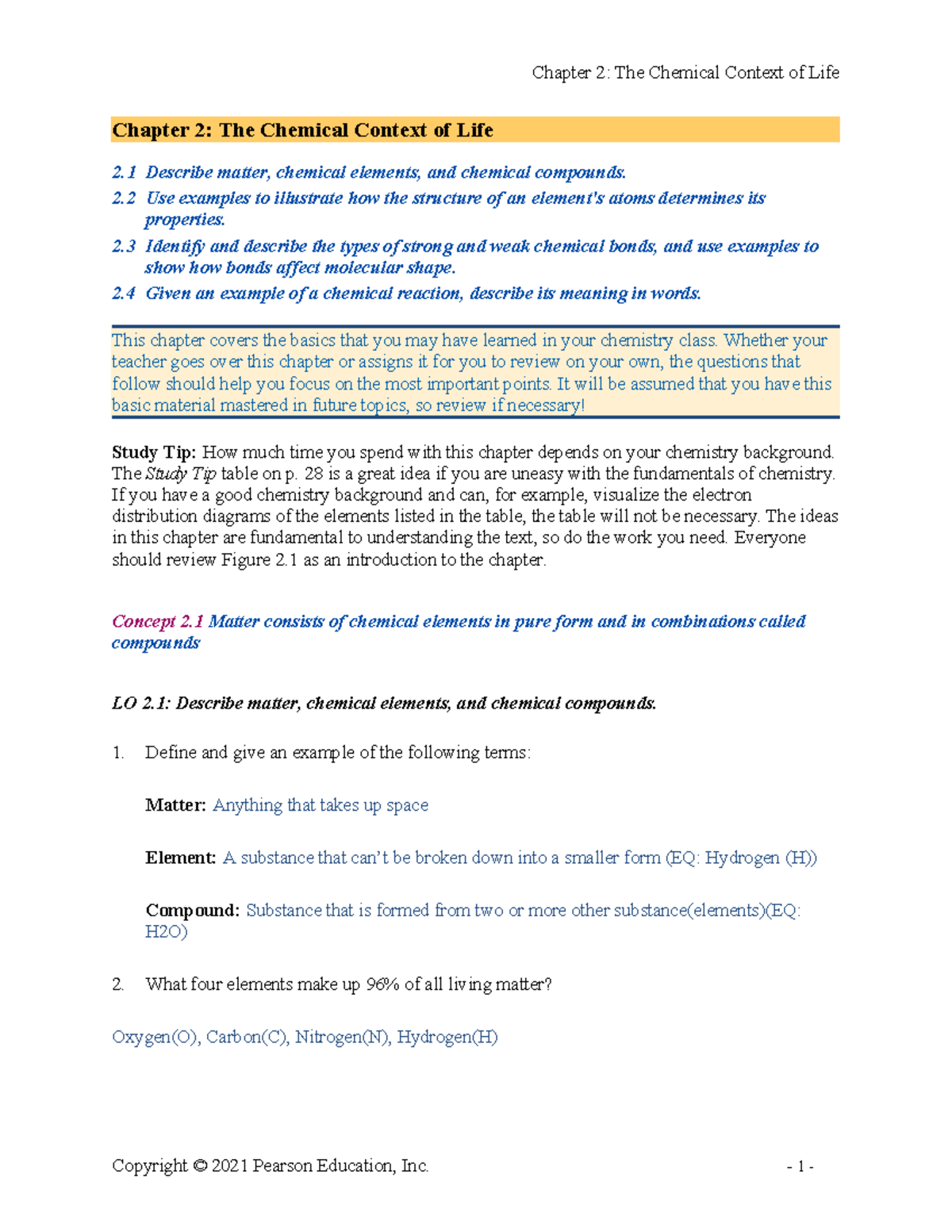 Chapter 2 pearson - Chapter 2: The Chemical Context of Life 2 Describe ...