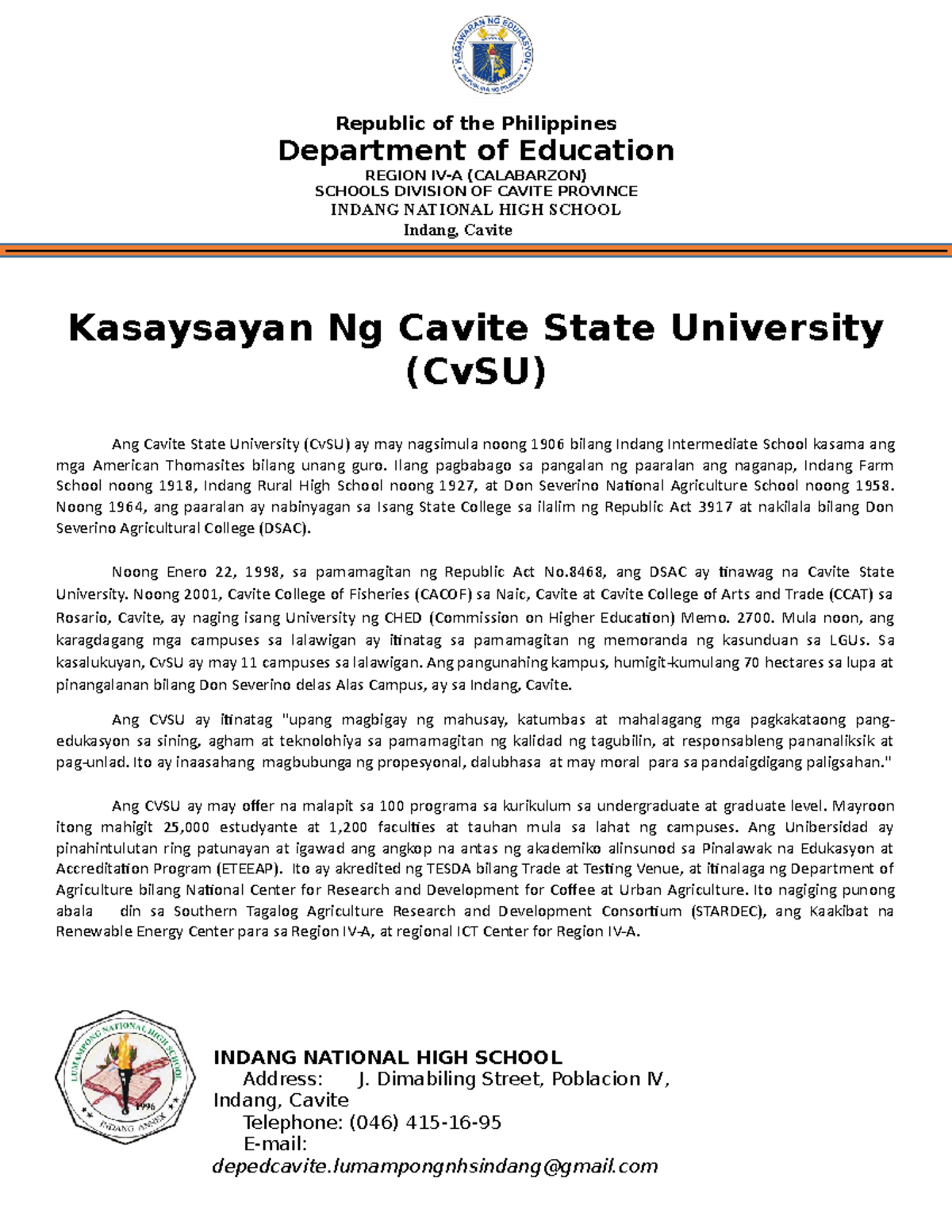 Kasaysayan ng Cv SU - Sino ang nagpatayo ng CvSU, ano ang layunin ng ...
