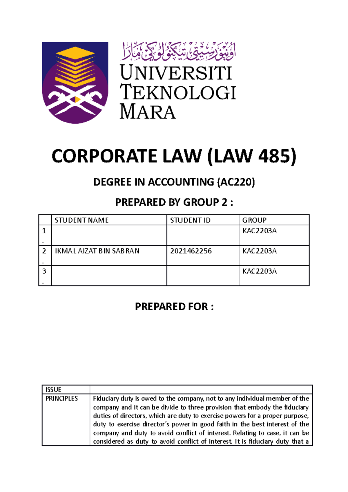 Assignment LAW Compile - CORPORATE LAW (LAW 485) DEGREE IN ACCOUNTING (AC220) PREPARED BY GROUP ...
