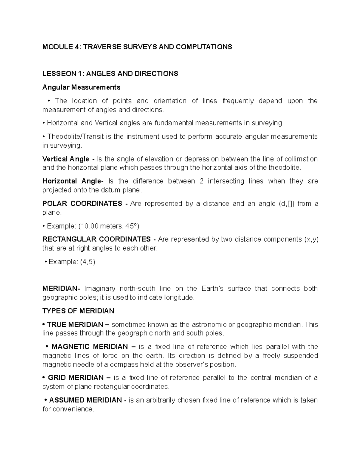 Module 4 Traversing Notes - MODULE 4: TRAVERSE SURVEYS AND COMPUTATIONS ...