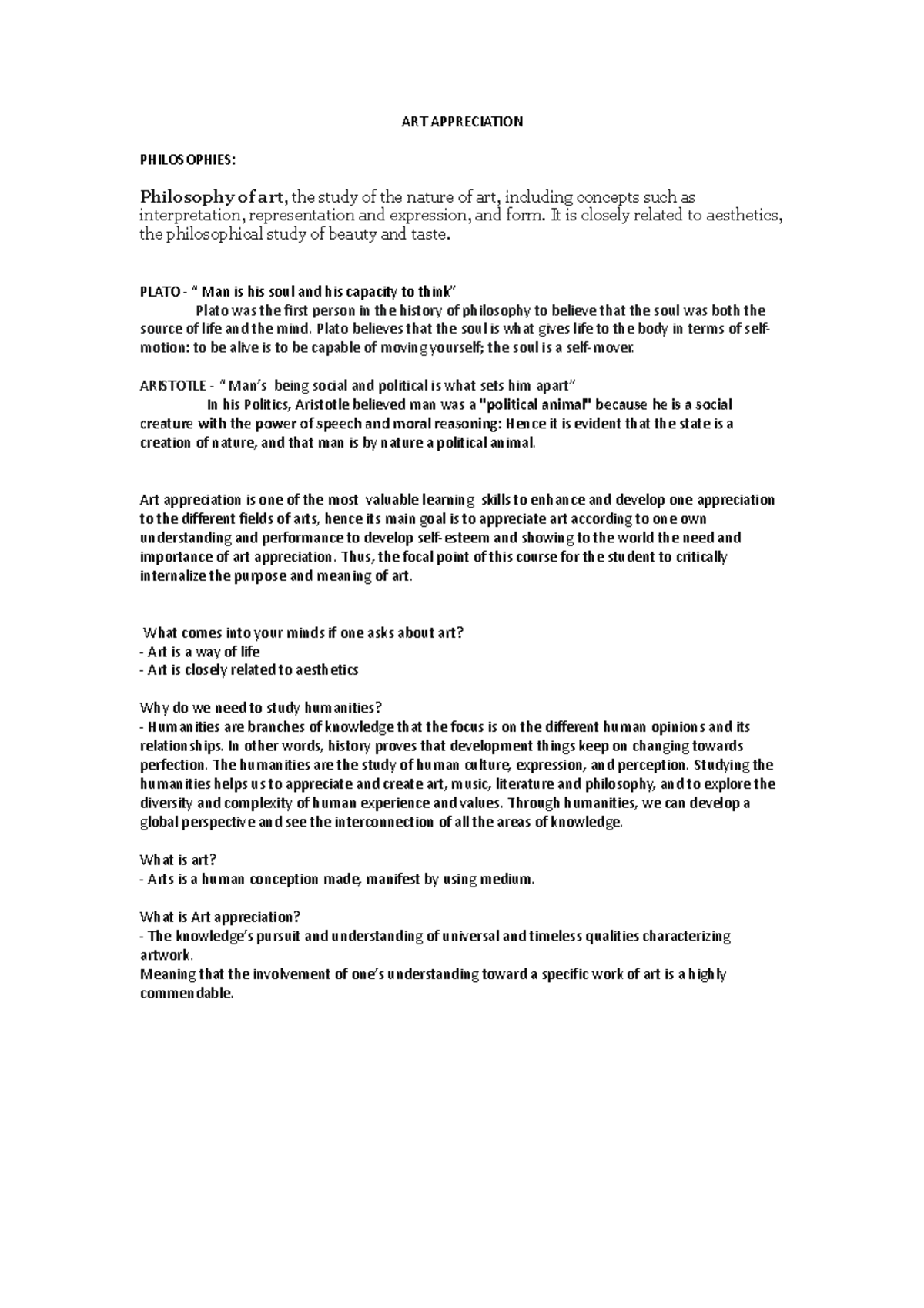 Topic I - Art Appreciation Lesson 1 - ART APPRECIATION PHILOSOPHIES ...