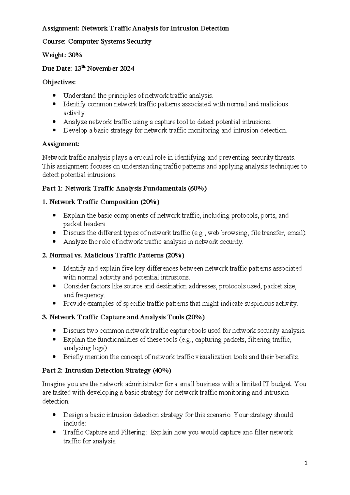 Assignment 1 November 2024 - Assignment: Network Traffic Analysis for Intrusion Detection Course ...