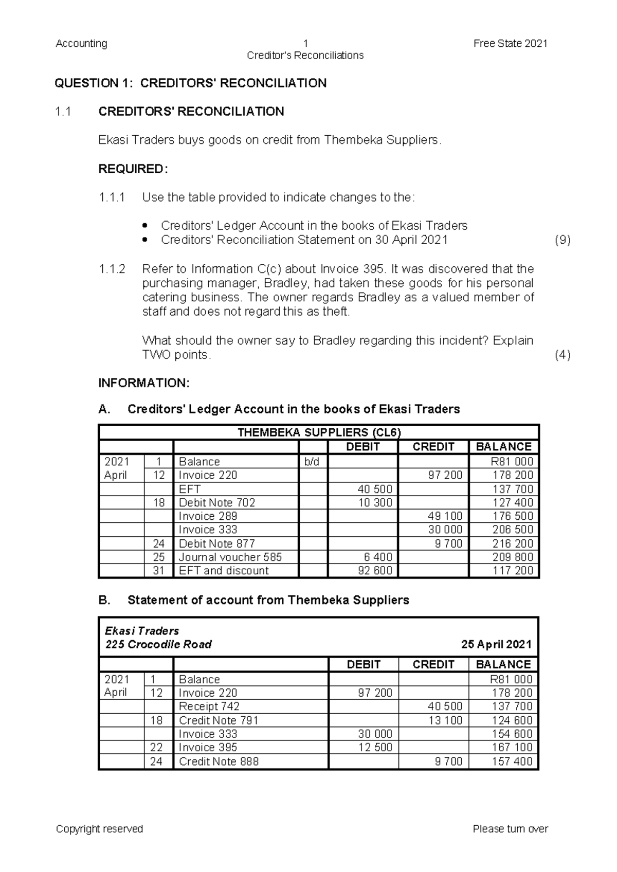 1. Cred Control Questions - Creditor’s Reconciliations QUESTION 1 ...