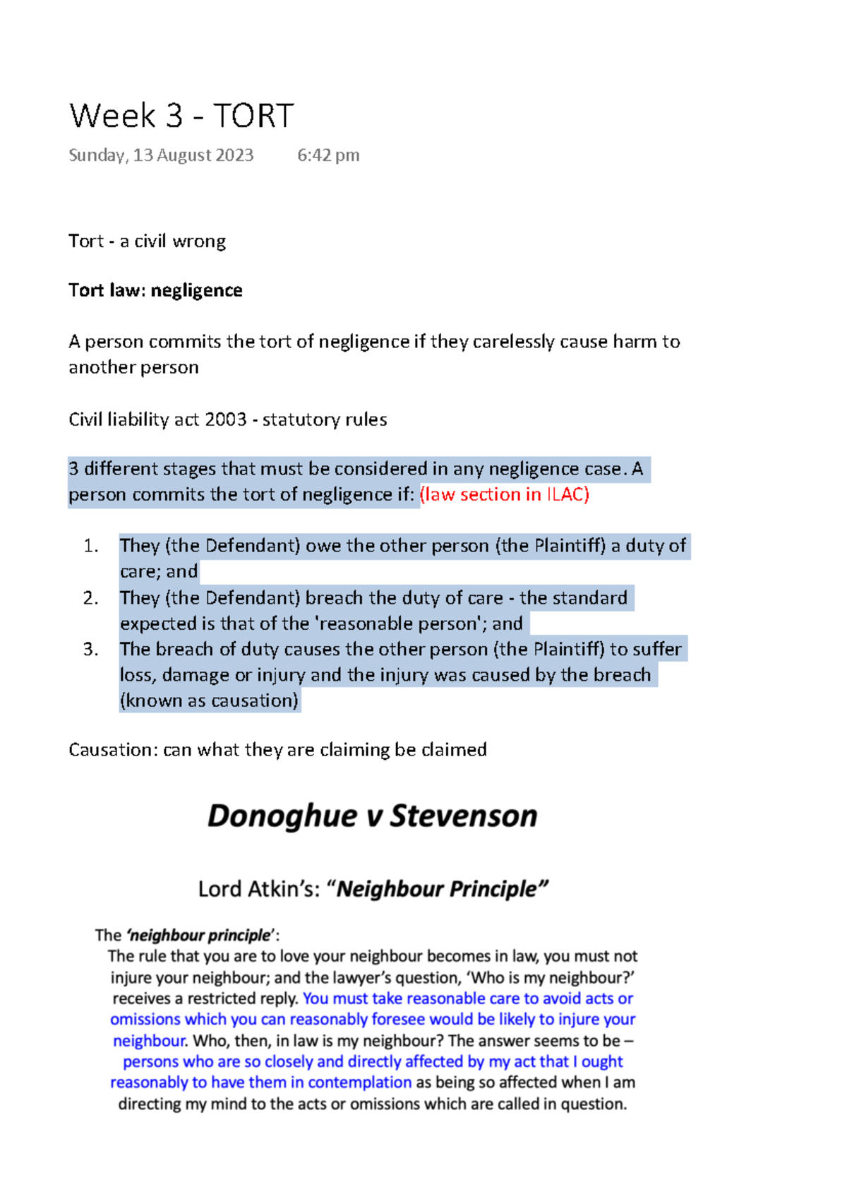 Week 3 - TORT - TORT of negligence - Tort - a civil wrong Tort law ...