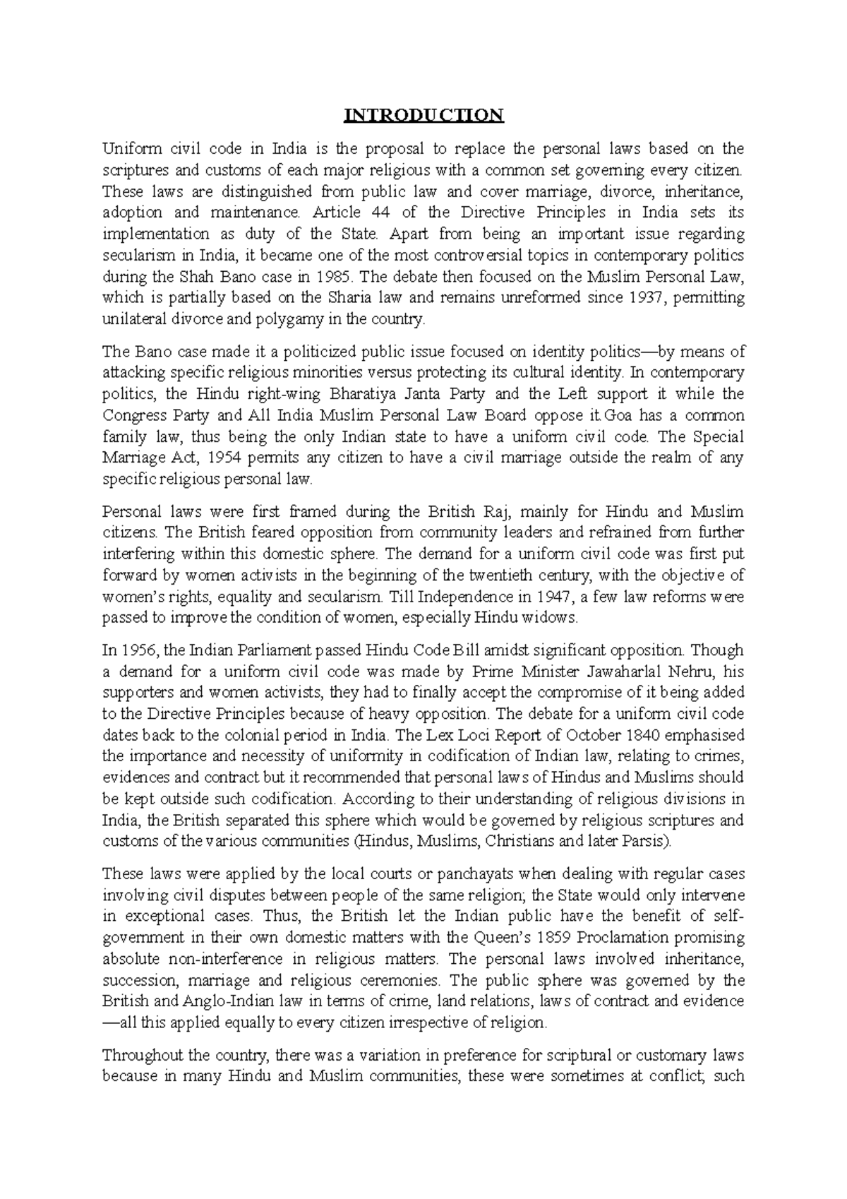 UCC This Is A Assignment INTRODUCTION Uniform Civil Code In India