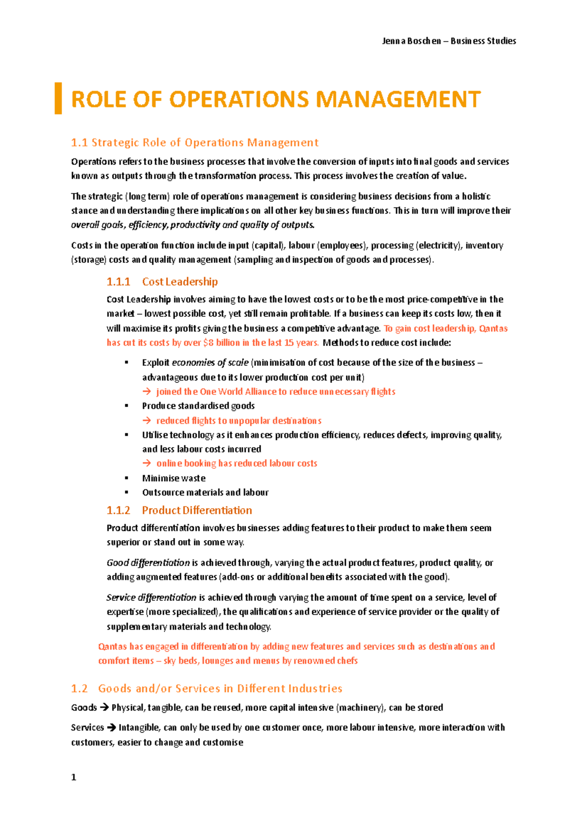 Business Operation - Syllabus Notes - ROLE OF OPERATIONS MANAGEMENT 1 ...