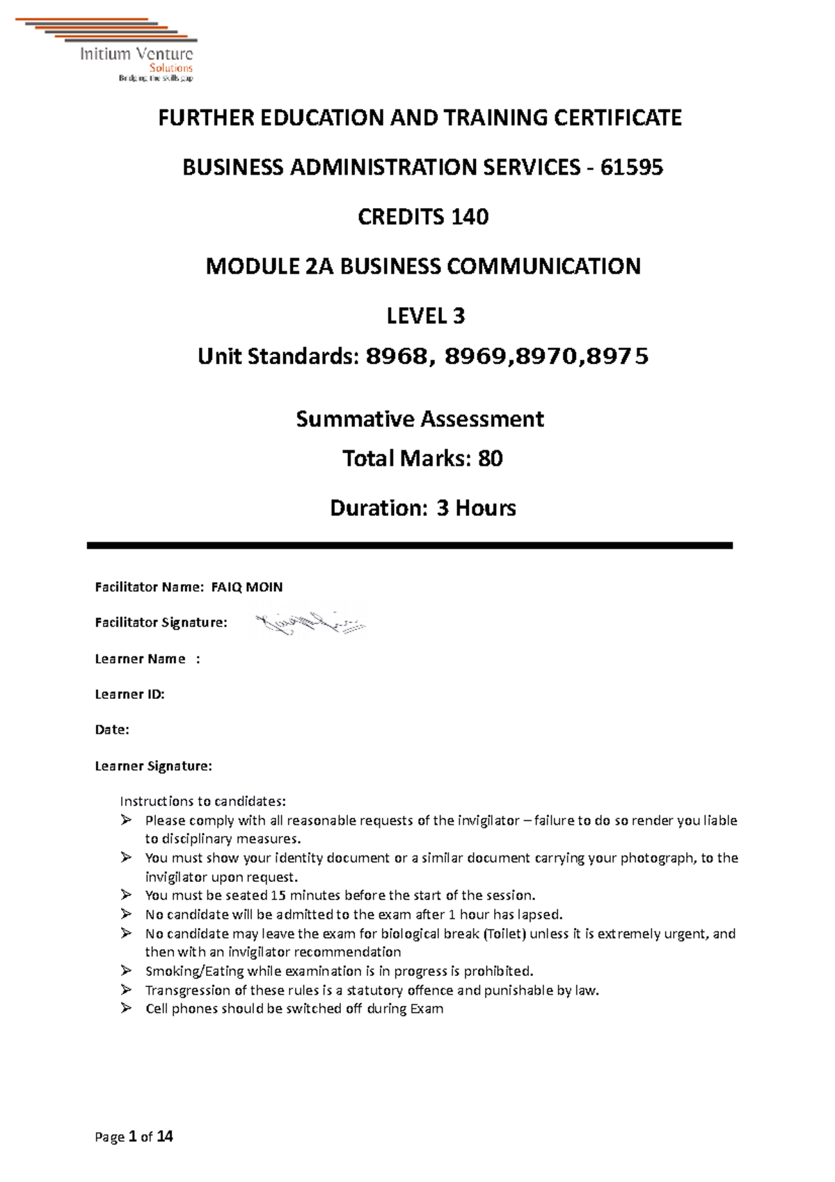 BAS -Module 2A - Summative - FURTHER EDUCATION AND TRAINING CERTIFICATE ...