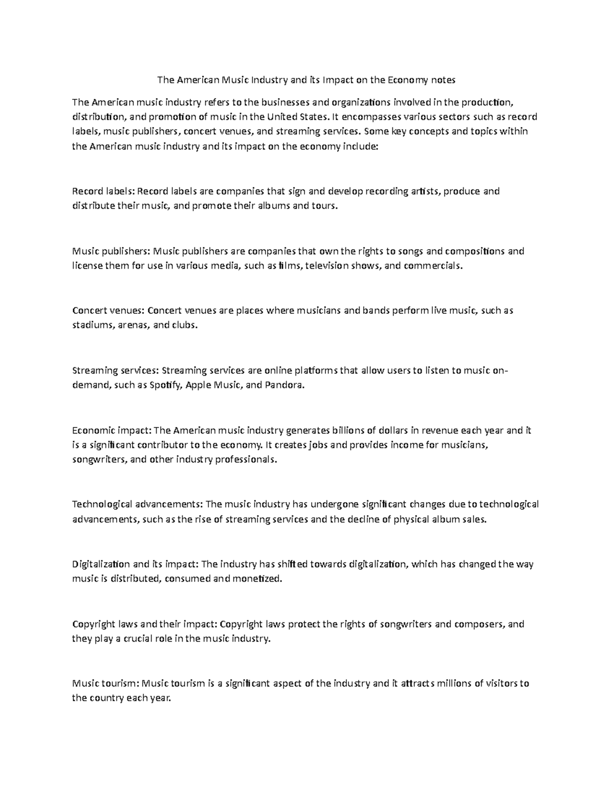 The American Music Industry and its Impact on the Economy notes - The ...