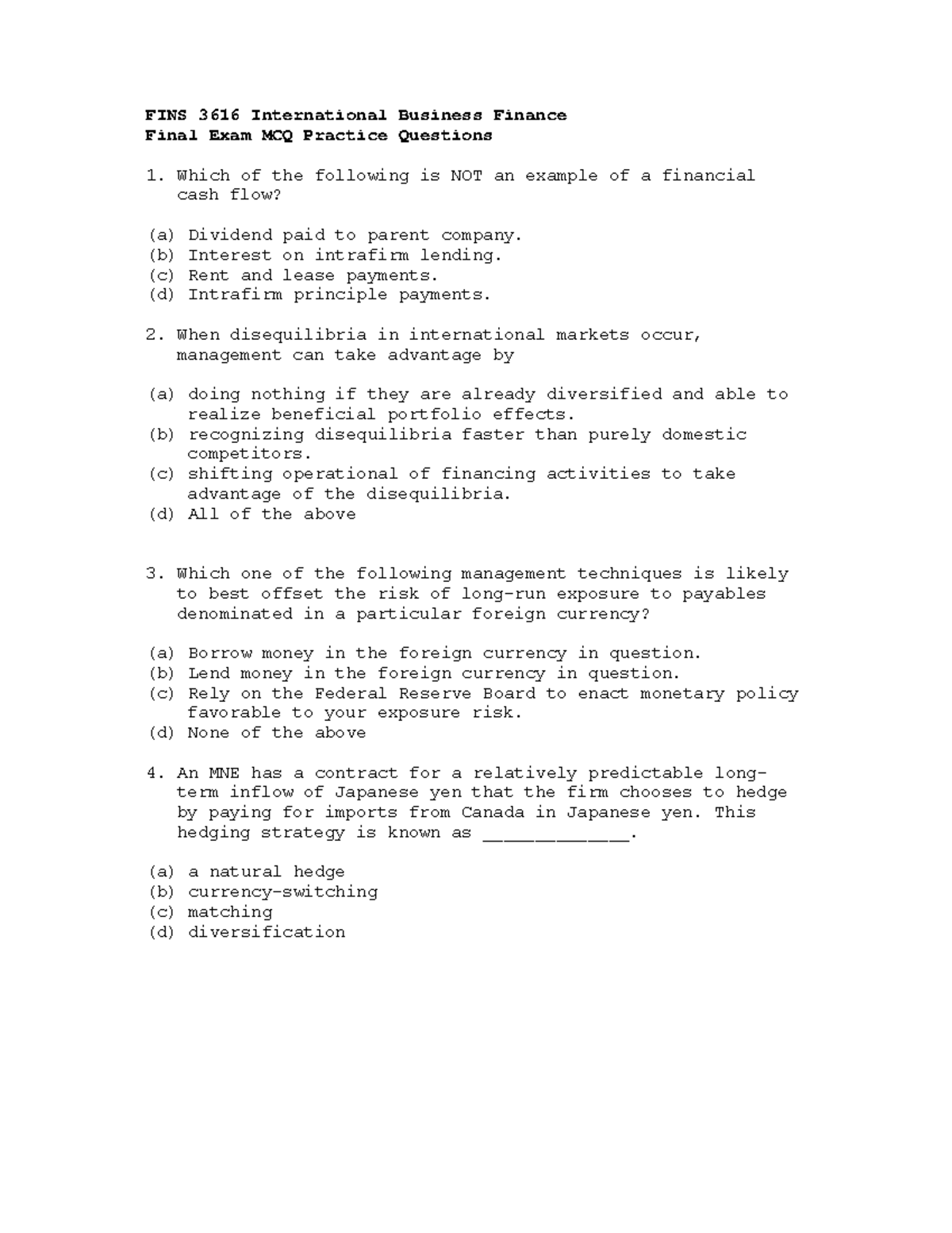 Sample/practice exam 2015, questions and answers - FINS 3616 ...