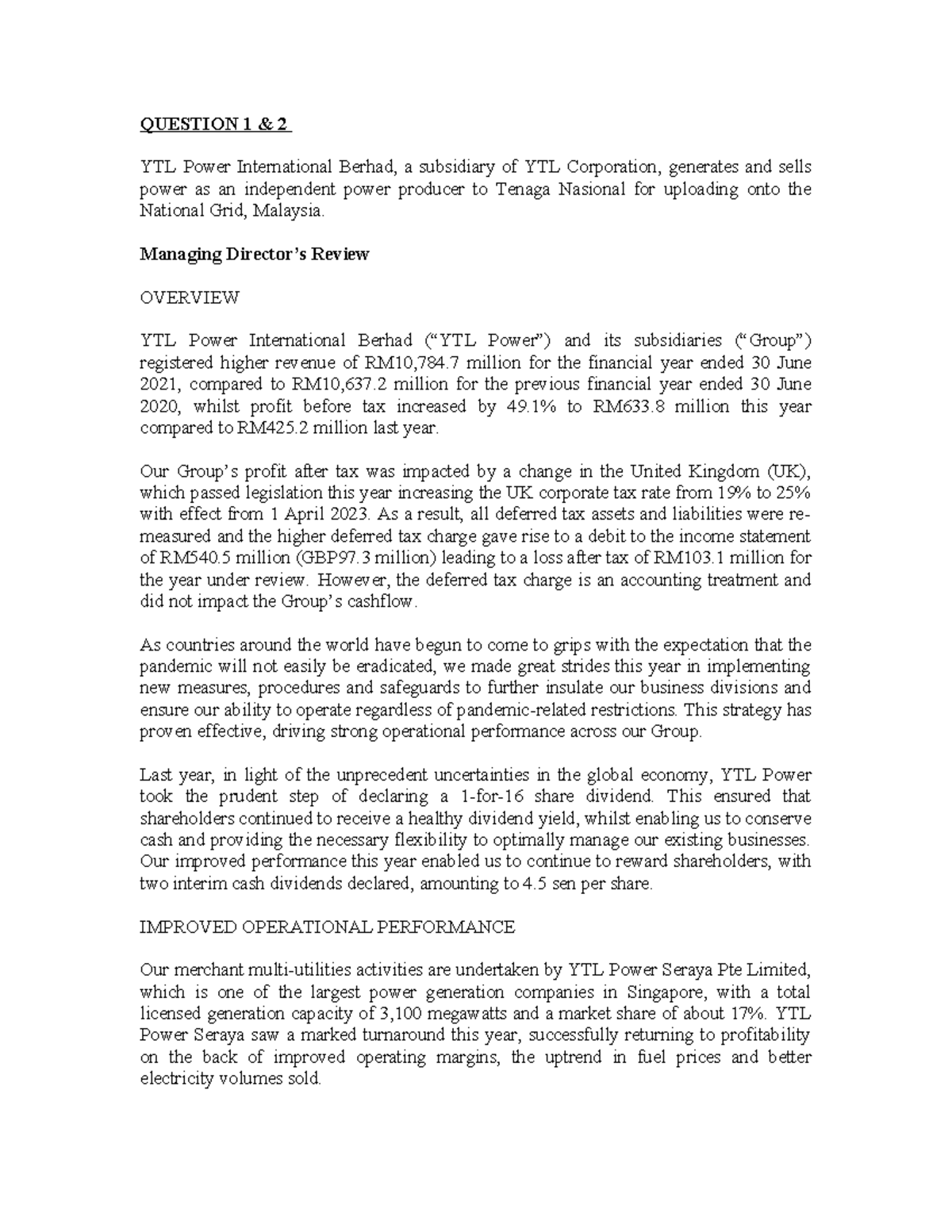 Uumkl Revision - QUESTION 1 & 2 YTL Power International Berhad, a ...