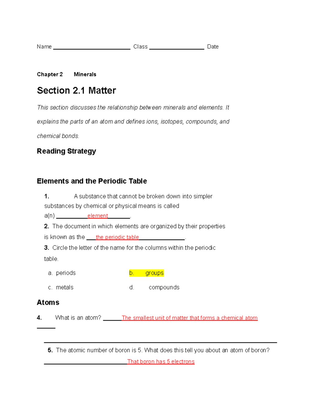 Chapter two reading - Name Class Date Chapter 2 Minerals Section 2 ...