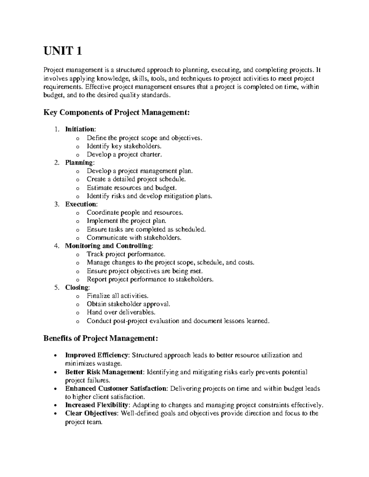 UNIT 1 - Good - UNIT 1 Project management is a structured approach to ...