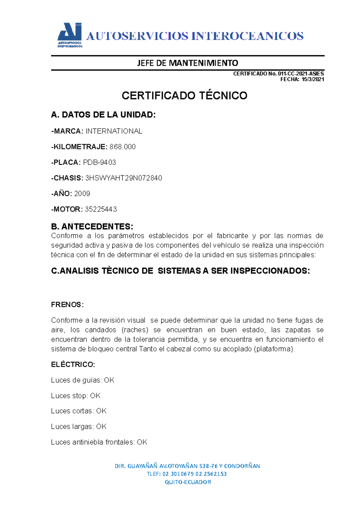 Certificado Tecnico - JEFE DE MANTENIMIENTO CERTIFICADO No. 011-CC-2021 ...