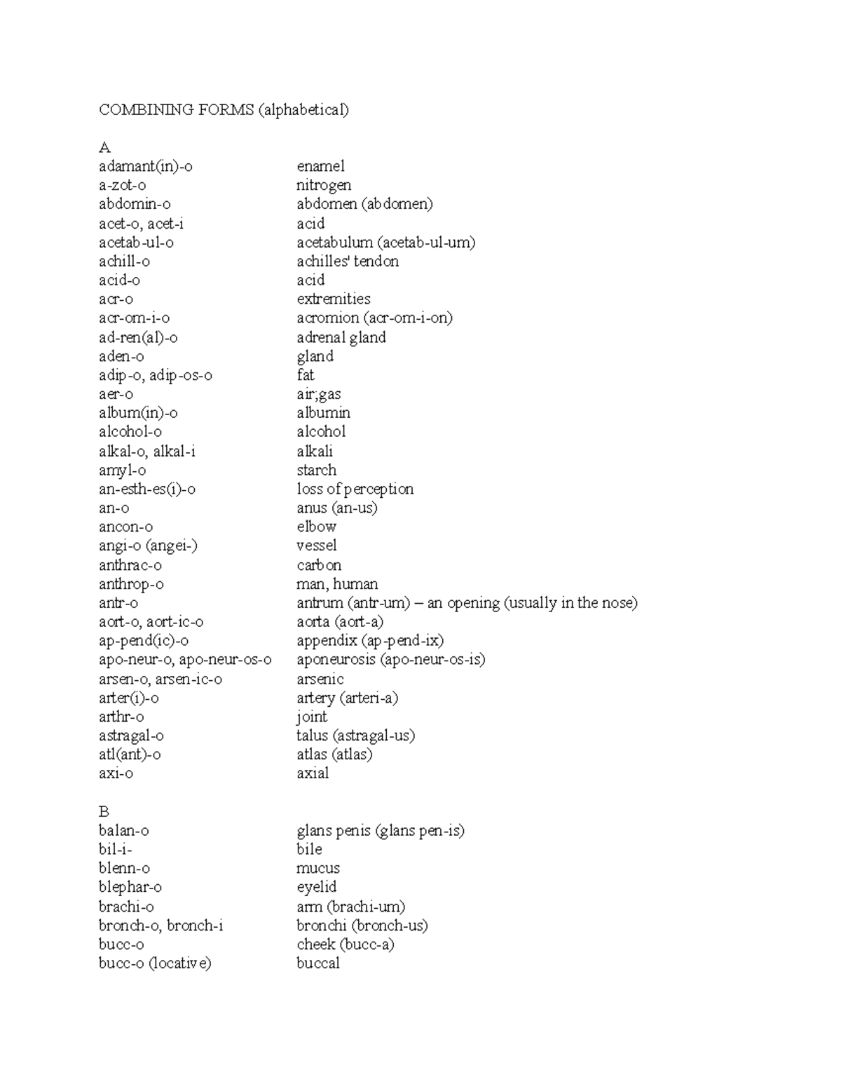Combining Forms - Lecture notes All - COMBINING FORMS (alphabetical) A ...