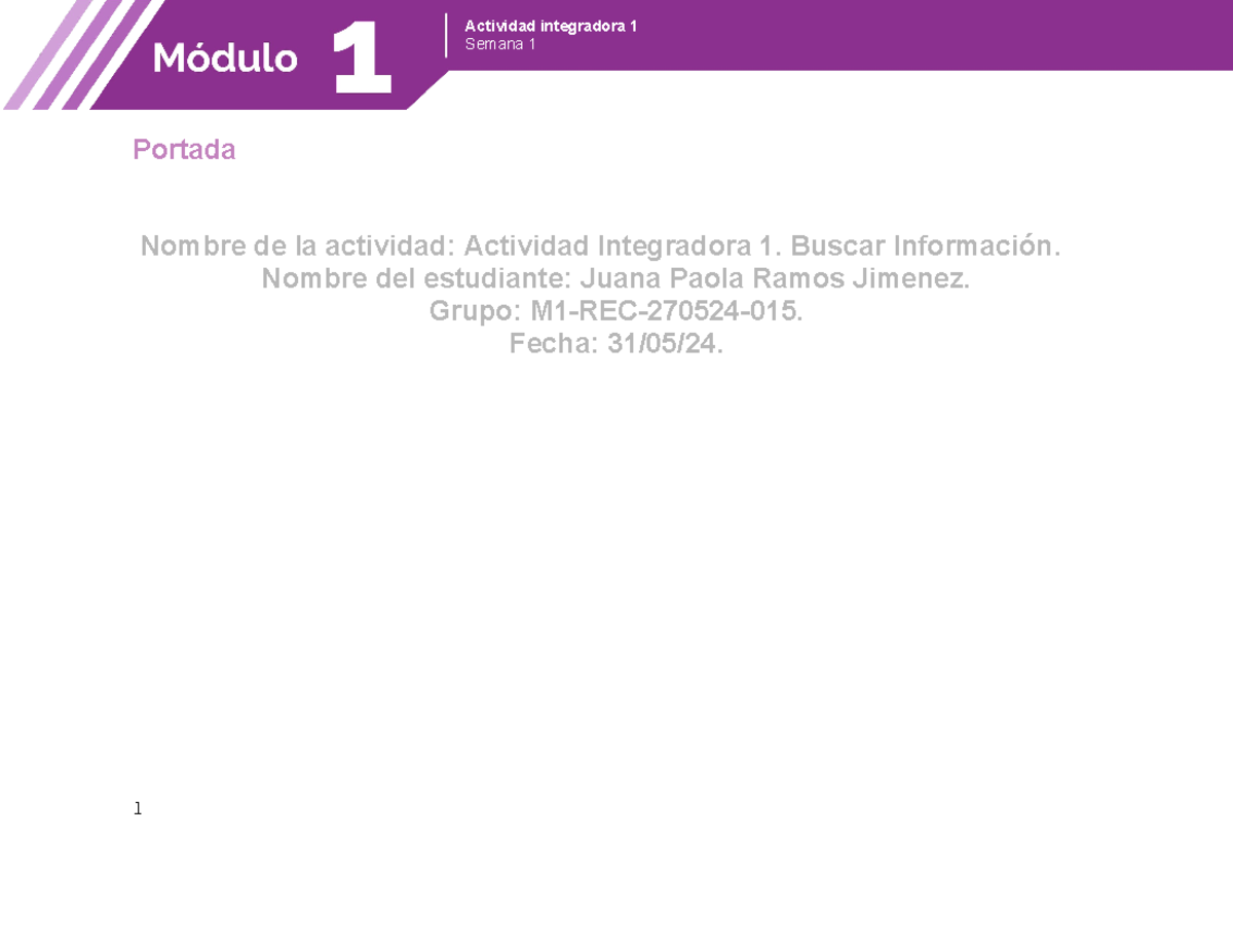 M01S1AI1 - Actividad - Actividad integradora 1 Semana 1 Portada Nombre de la actividad ...