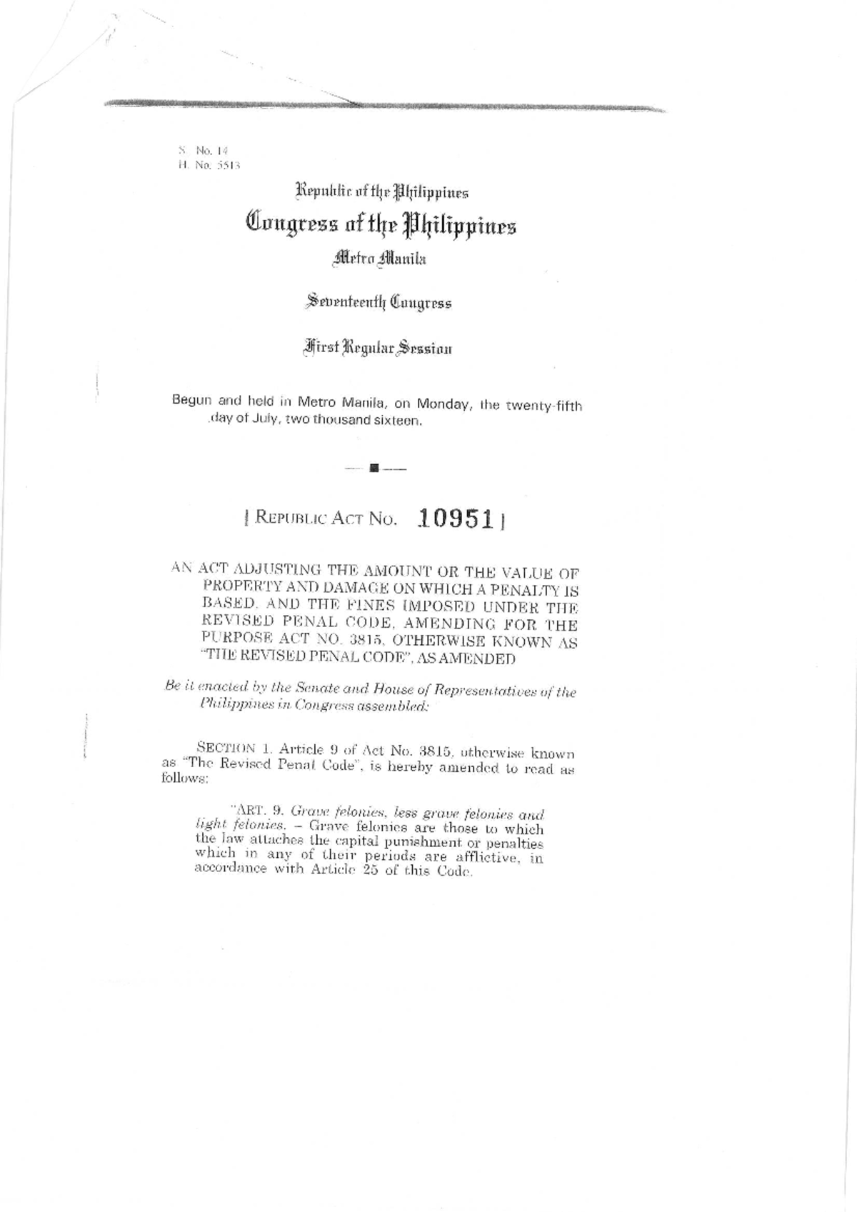 Ra 10951 2017 - An Act Adjusting the Amount or the Value of Property ...