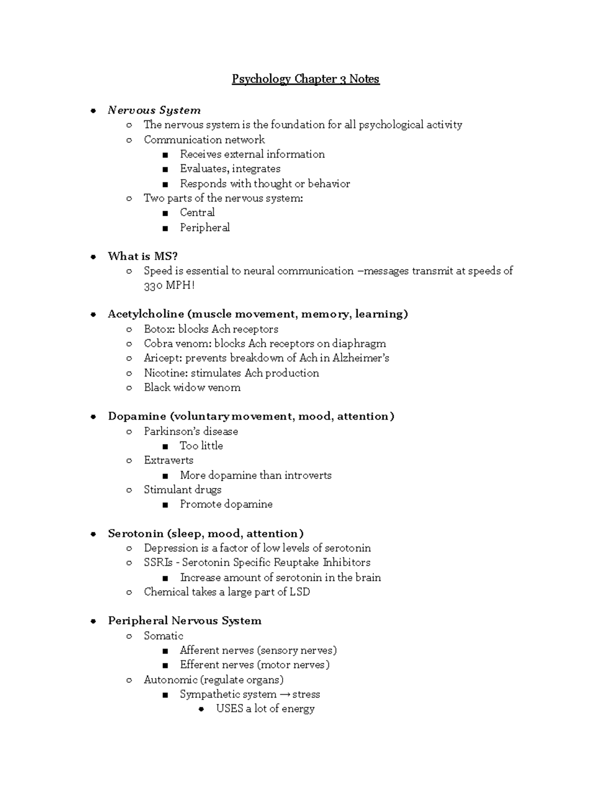 Psychology Lecture Chapter 3 - Psychology Chapter 3 Notes Nervous ...
