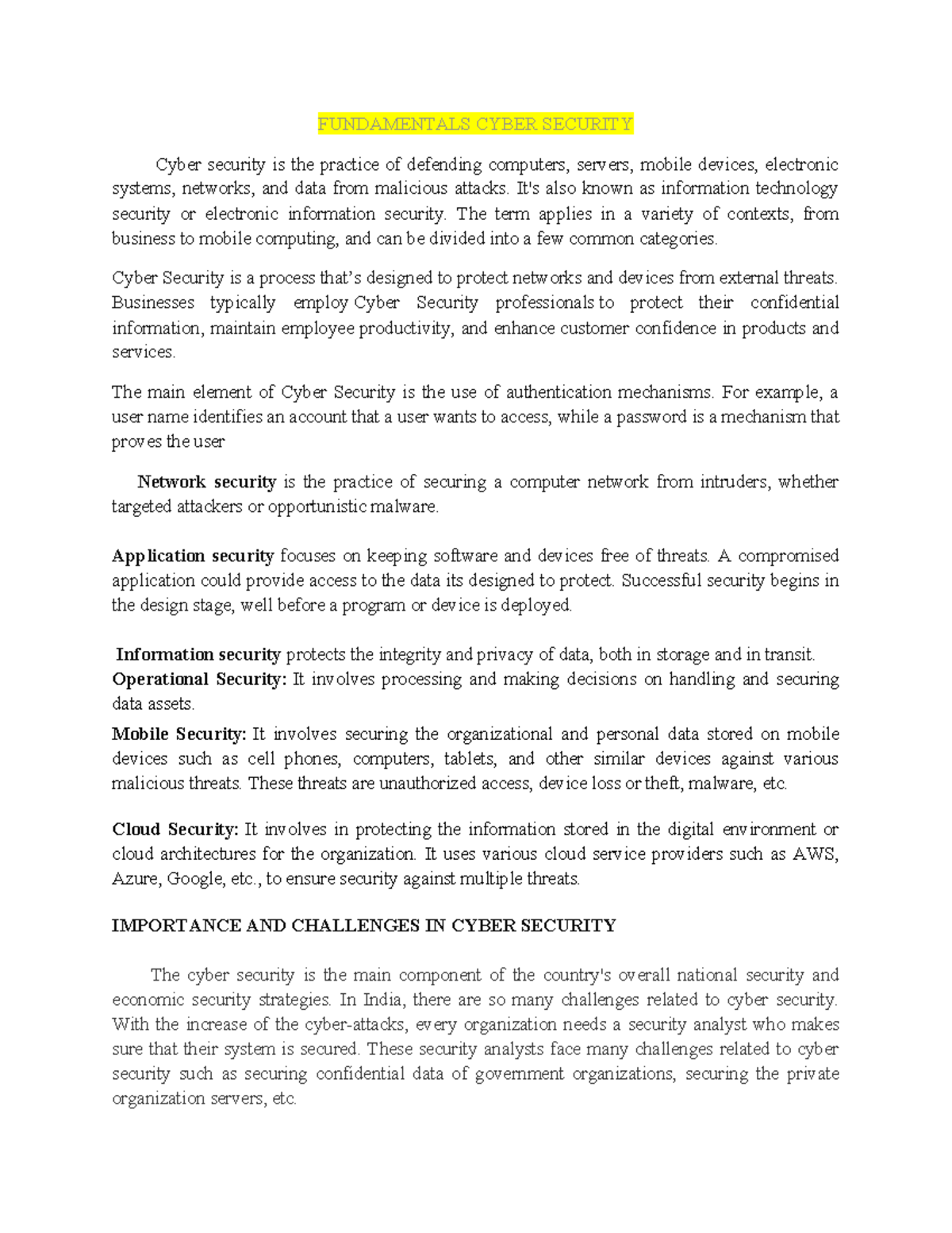 Cyber security notes - FUNDAMENTALS CYBER SECURITY Cyber security is ...