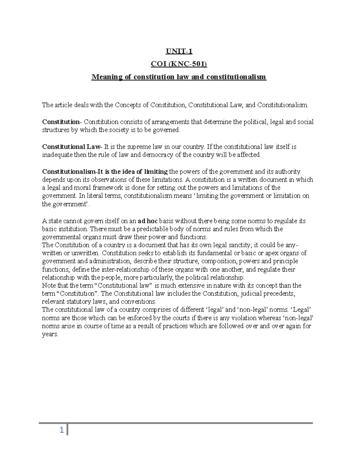 COI Notes UNIT-1 - UNIT- COI (KNC-501) Meaning of constitution law and ...