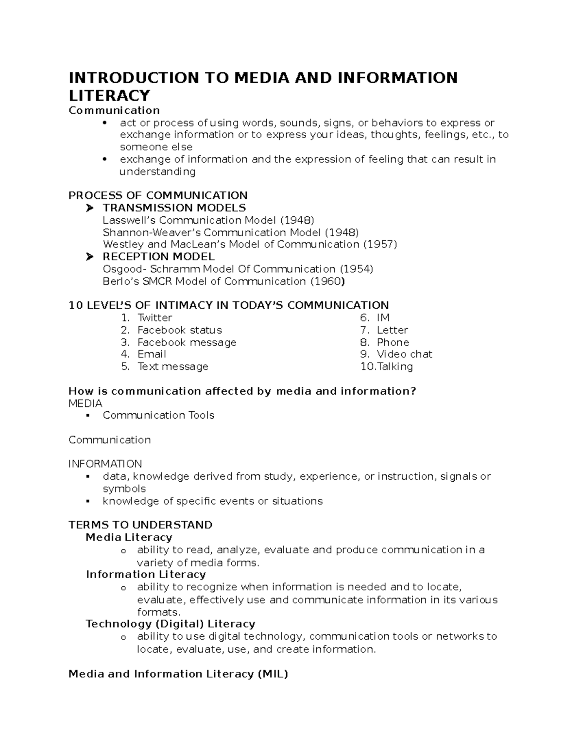 Handout media information and literacy - INTRODUCTION TO MEDIA AND ...
