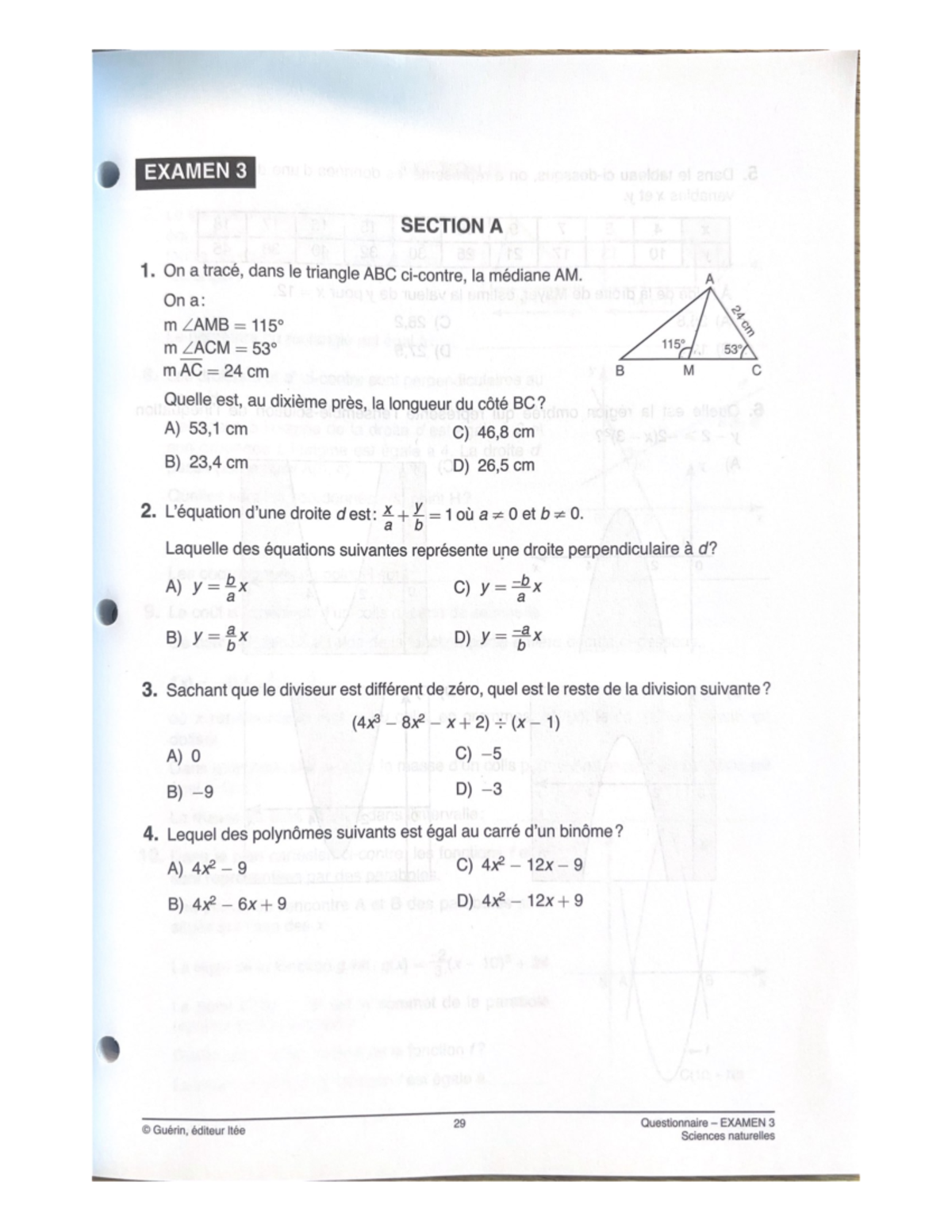 Examen du ministere SN math - EXAMEN 3 SECTION A 1. On a tracé, dans le ...
